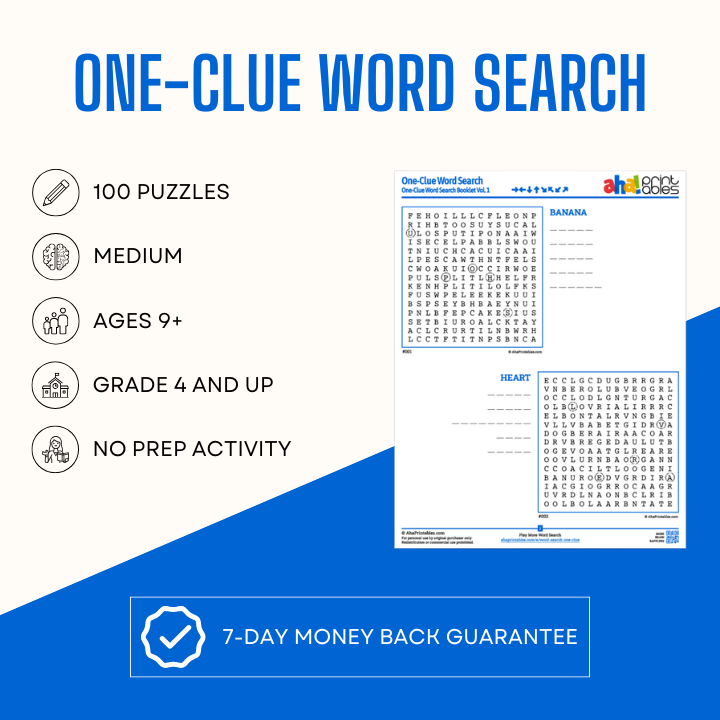 One-Clue Word Search – Aha! Printables